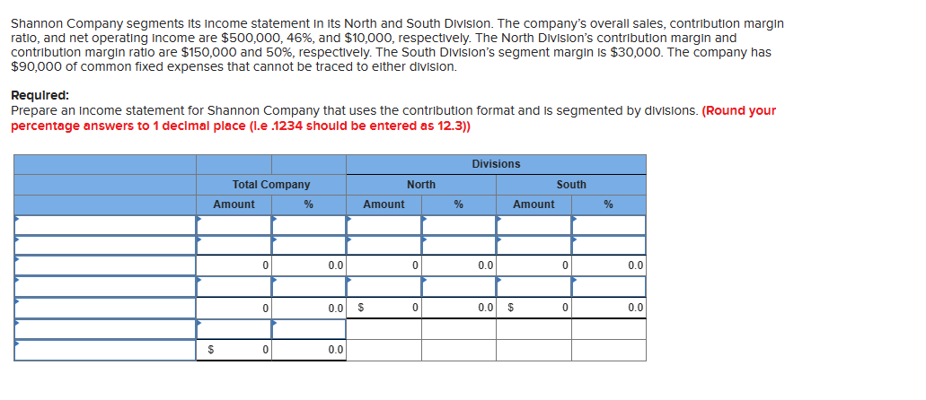 Solved Shannon Company segments its income statement in its | Chegg.com