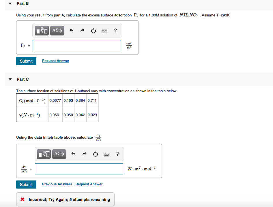 Solved Learning Goal: The surface excess concentration or | Chegg.com