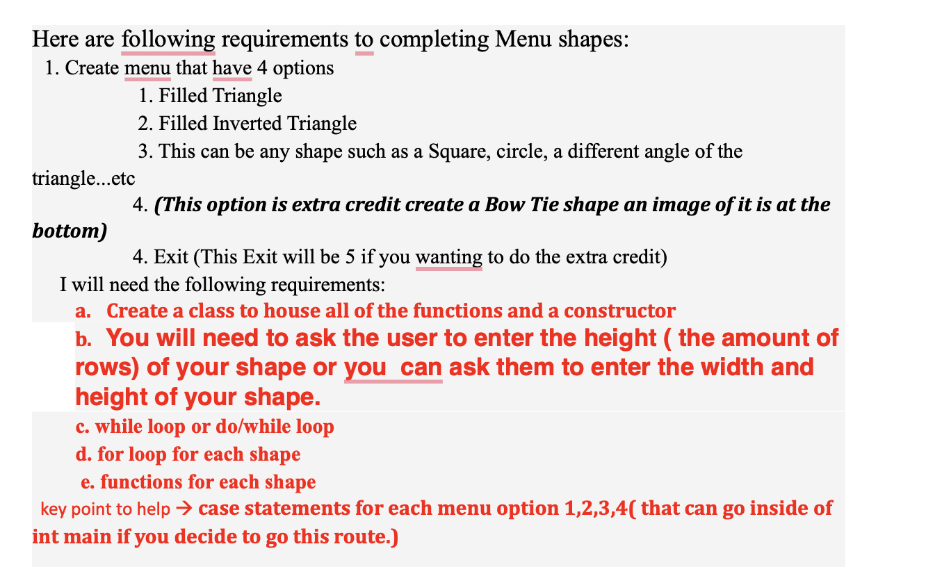 Solved Here are following requirements to completing Menu | Chegg.com