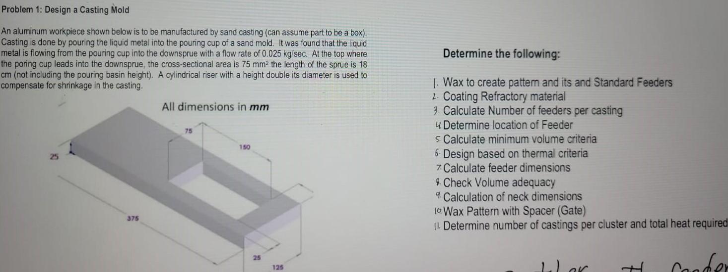 Problem 1: Design a Casting Mold An aluminum | Chegg.com