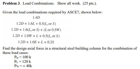 Solved Problem 3. Load Combinations. Show all work. (25 | Chegg.com