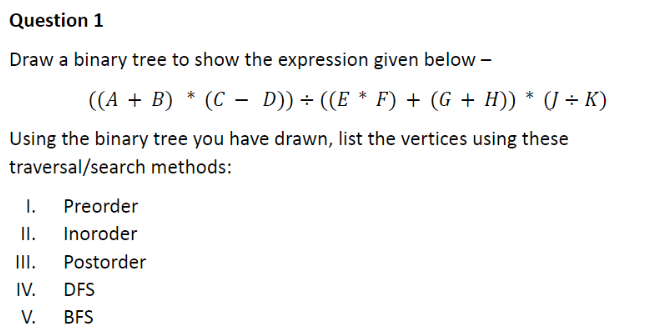 Solved Question 1Draw a binary tree to show the expression | Chegg.com