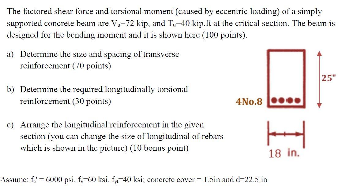 Solved The factored shear force and torsional moment (caused | Chegg.com