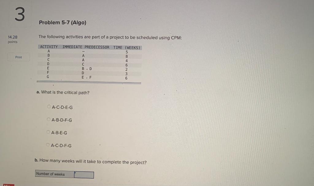 Solved 3 Problem 5-7 (Algo) The following activities are | Chegg.com