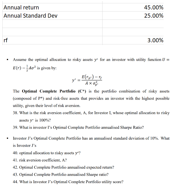 Solved - Assume the optimal allocation to risky assets y∗ | Chegg.com