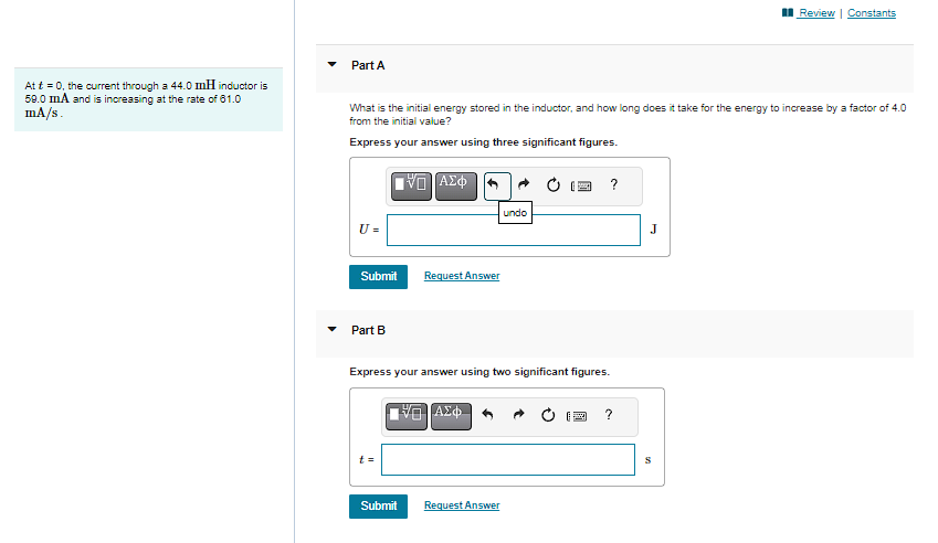 Solved At t=0, the current through a 44.0mH inductor is 59.0 | Chegg.com