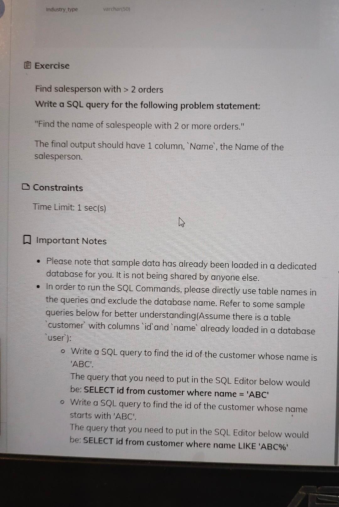 Exercise Find salesperson with >2 orders Write a SQL | Chegg.com