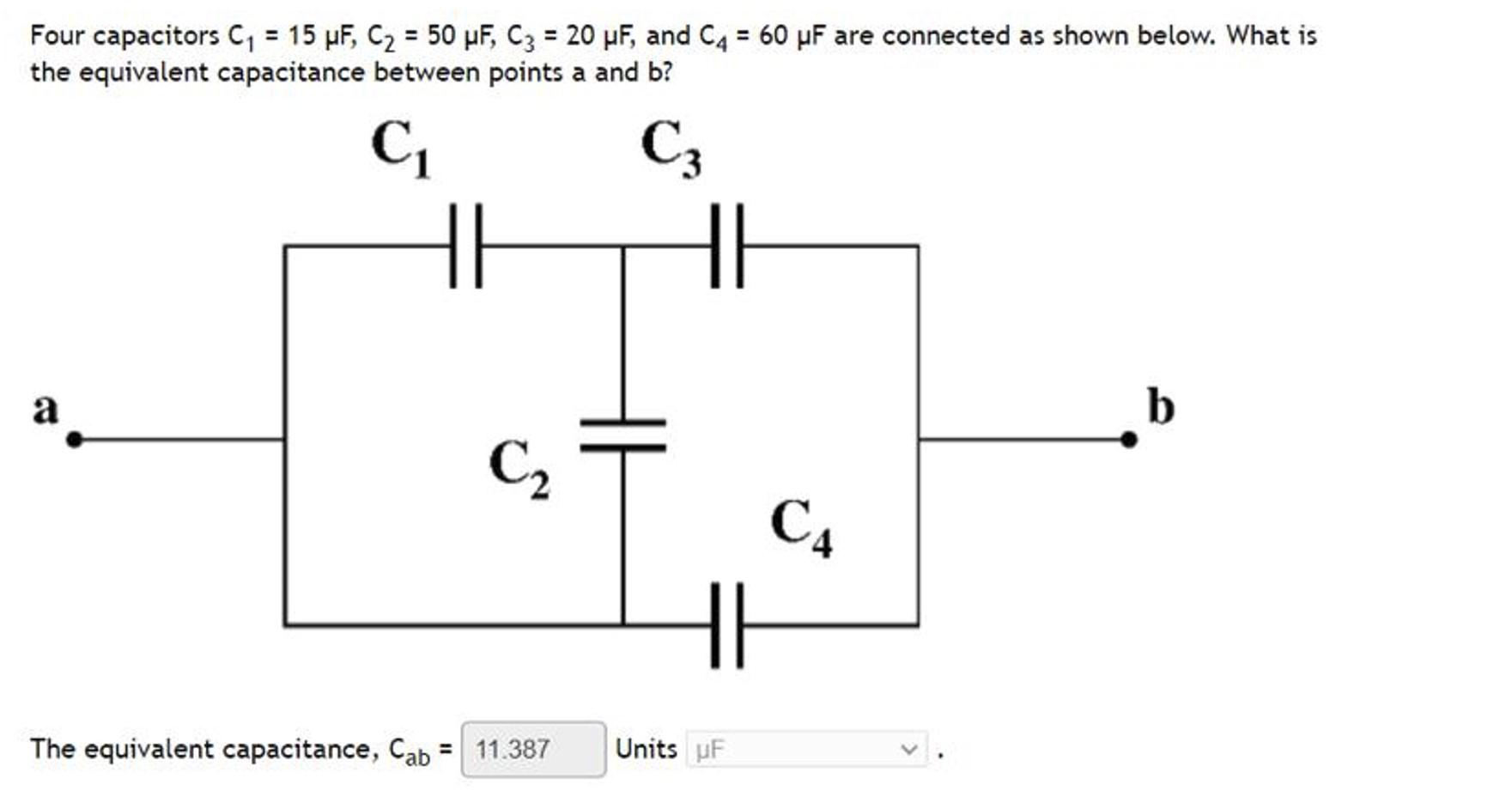Solved Four capacitors C₁ = 15 μF, C₂ = 50 μF, C3 = 20 μF, | Chegg.com