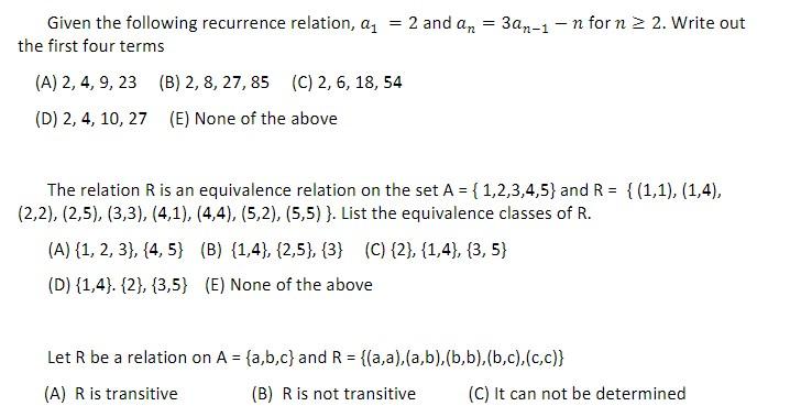 Solved Given the following recurrence relation, a1=2 and | Chegg.com