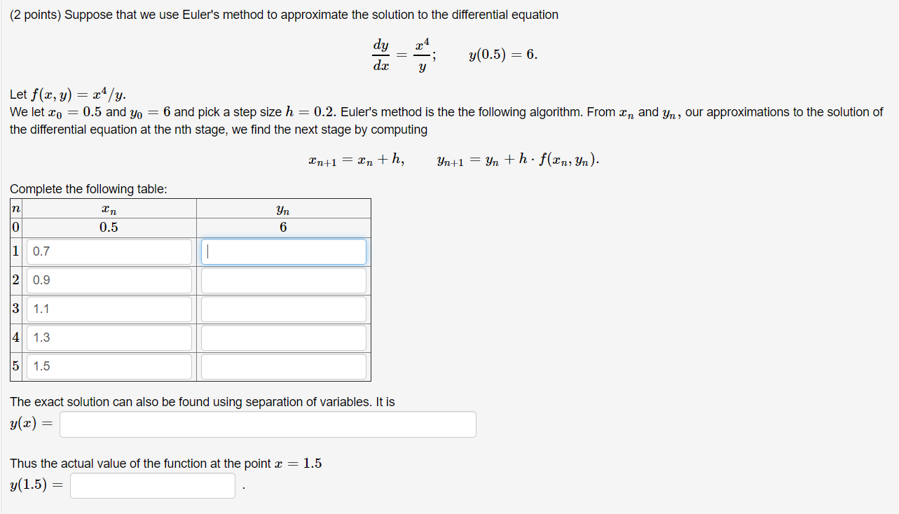Solved (2 points) Suppose that we use Euler's method to | Chegg.com