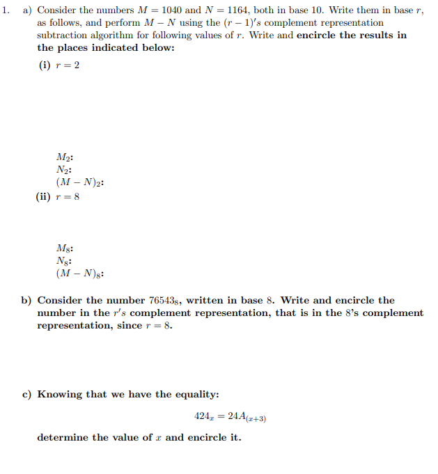 Solved a) Consider the numbers M=1040 and N=1164, both in | Chegg.com