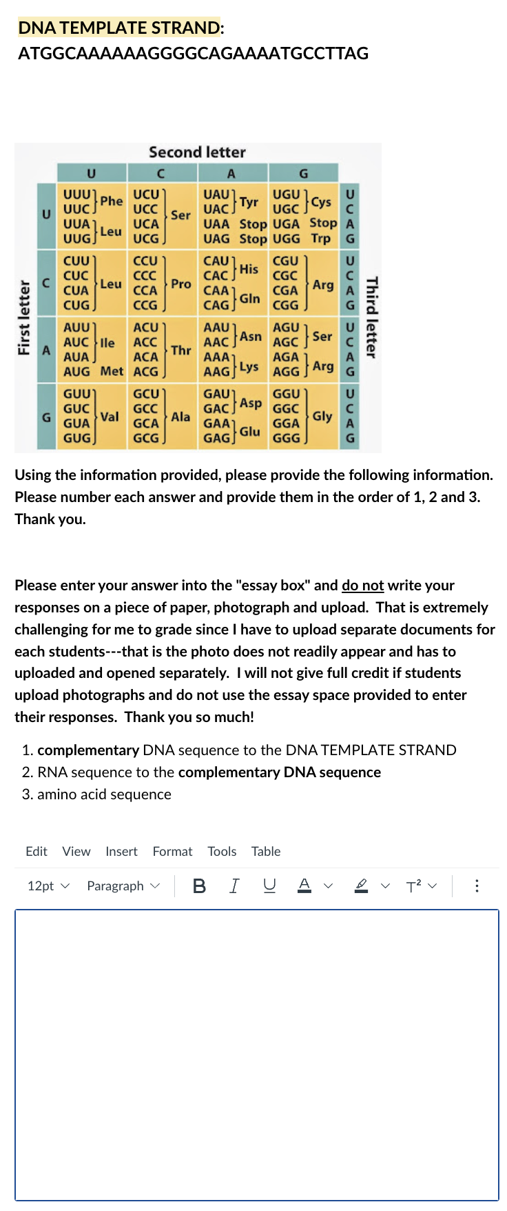 Solved DNA TEMPLATE STRAND: ATGGCAAAAAAGGGGCAGAAAATGCCTTAG | Chegg.com