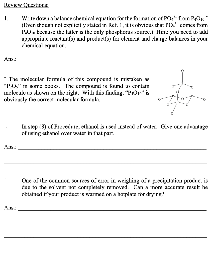 Solved 1. Write down a balance chemical equation for the | Chegg.com
