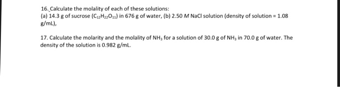 Solved Calculate the molality of each of these solutions: | Chegg.com