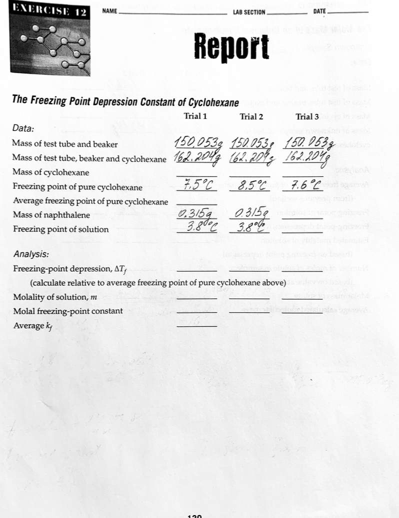 Solved EXERCISE 12 NAME LAB SECTION DATE Report The Freezing | Chegg.com
