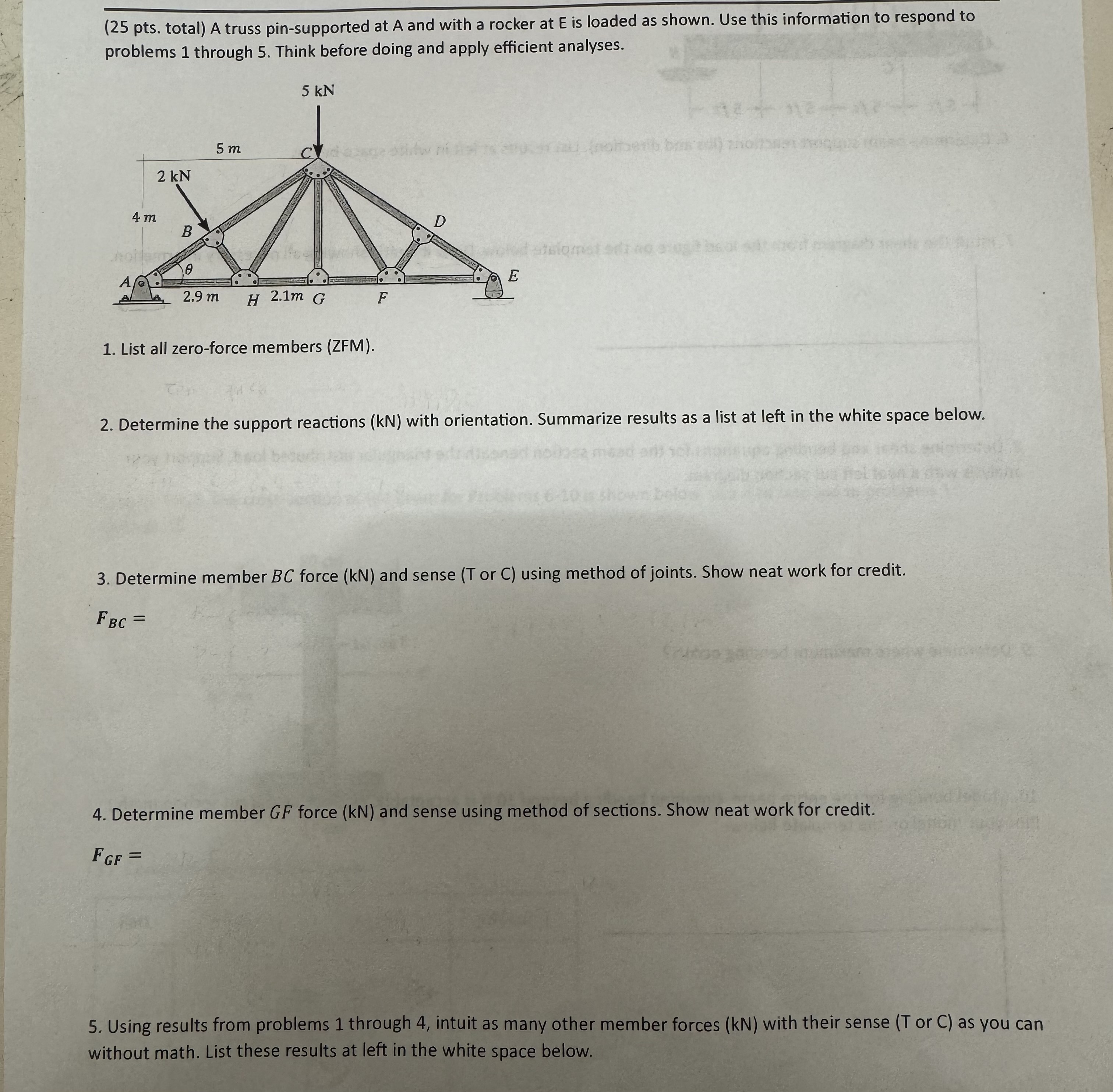 Solved (25 pts. total) A truss pin-supported at A and with a | Chegg.com