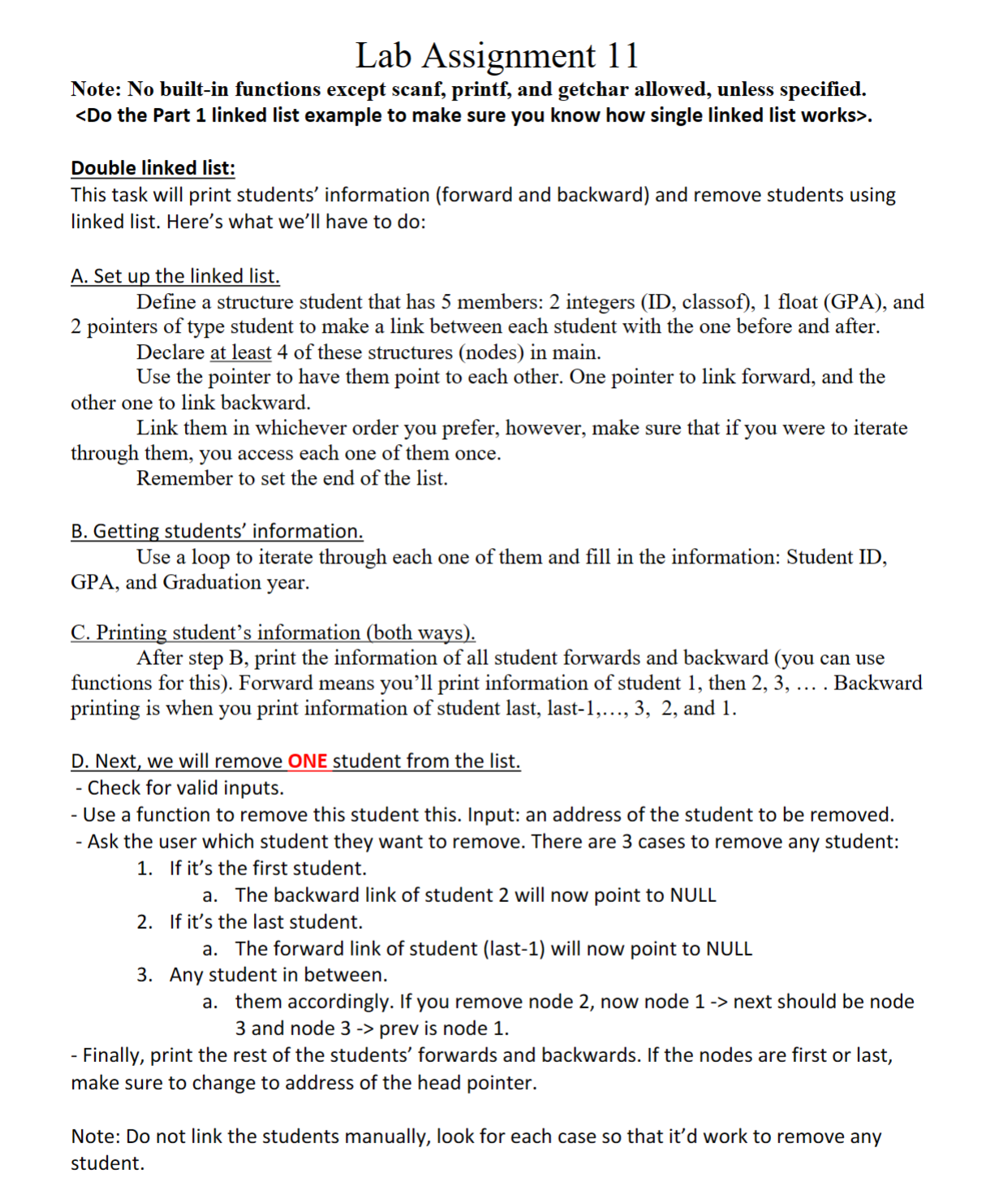 Solved Lab Assignment 11 Note: No built-in functions except | Chegg.com