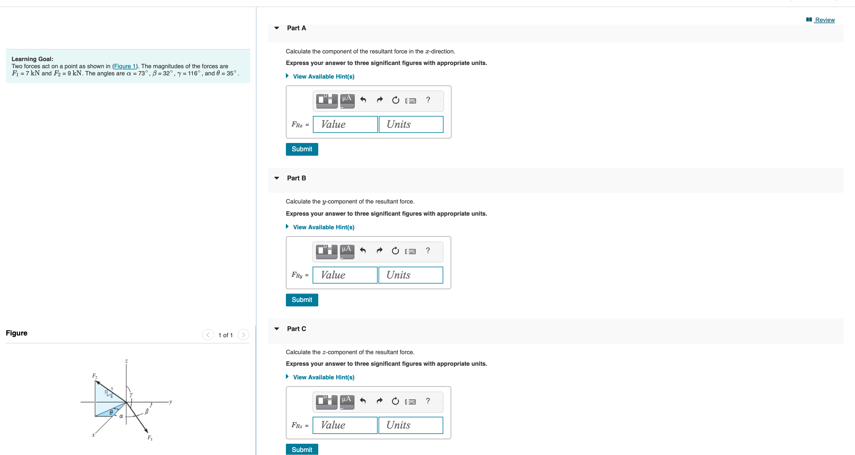 Solved Learning Goal: Two forces act on a point as shown in | Chegg.com
