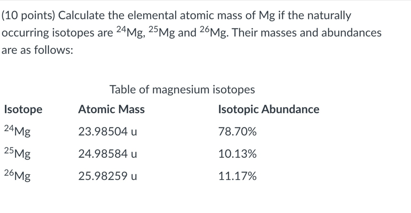 Solved (10 points) Calculate the elemental atomic mass of Mg | Chegg.com