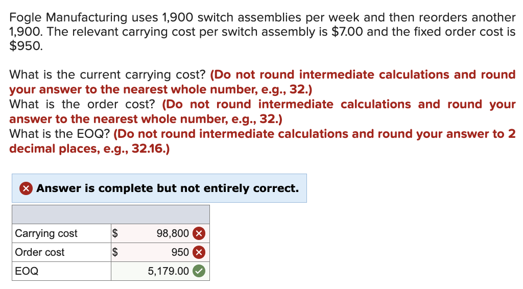 Solved Fogle Manufacturing uses 1,900 switch assemblies per | Chegg.com