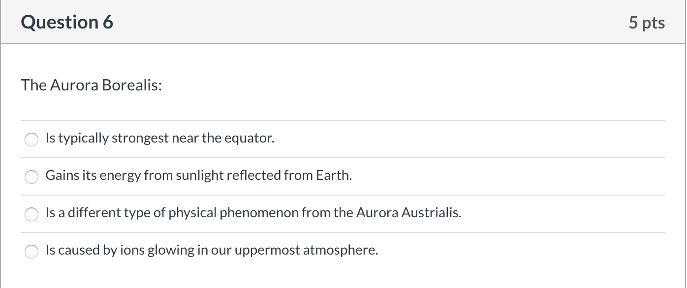 Solved Question 6 5 pts The Aurora Borealis: O is typically | Chegg.com