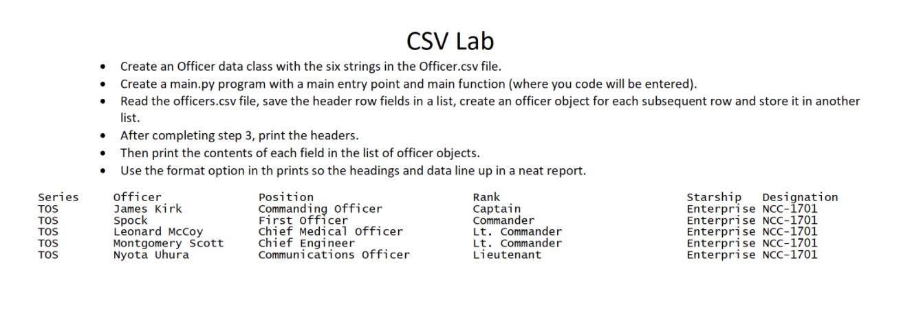 Solved O . CSV Lab Create an Officer data class with the six | Chegg.com