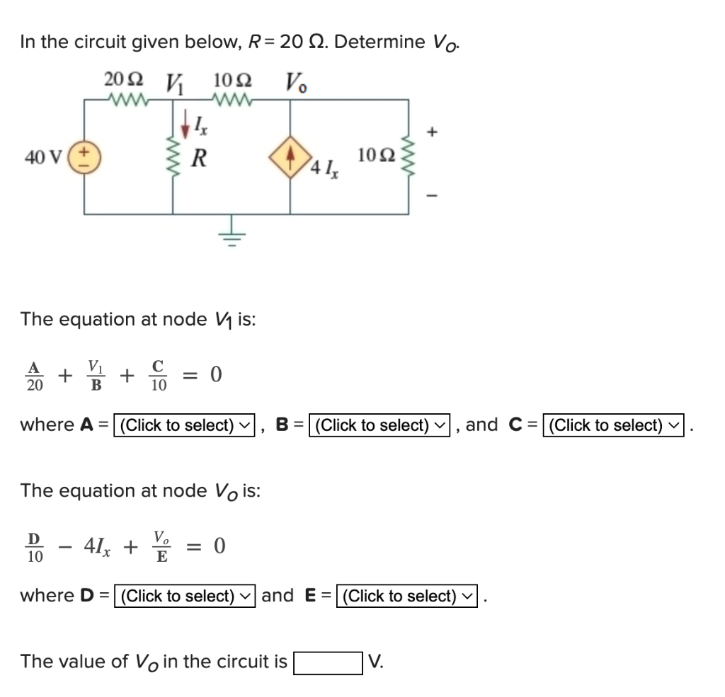 Solved In the circuit given below, R=20Ω. Determine VO. The | Chegg.com