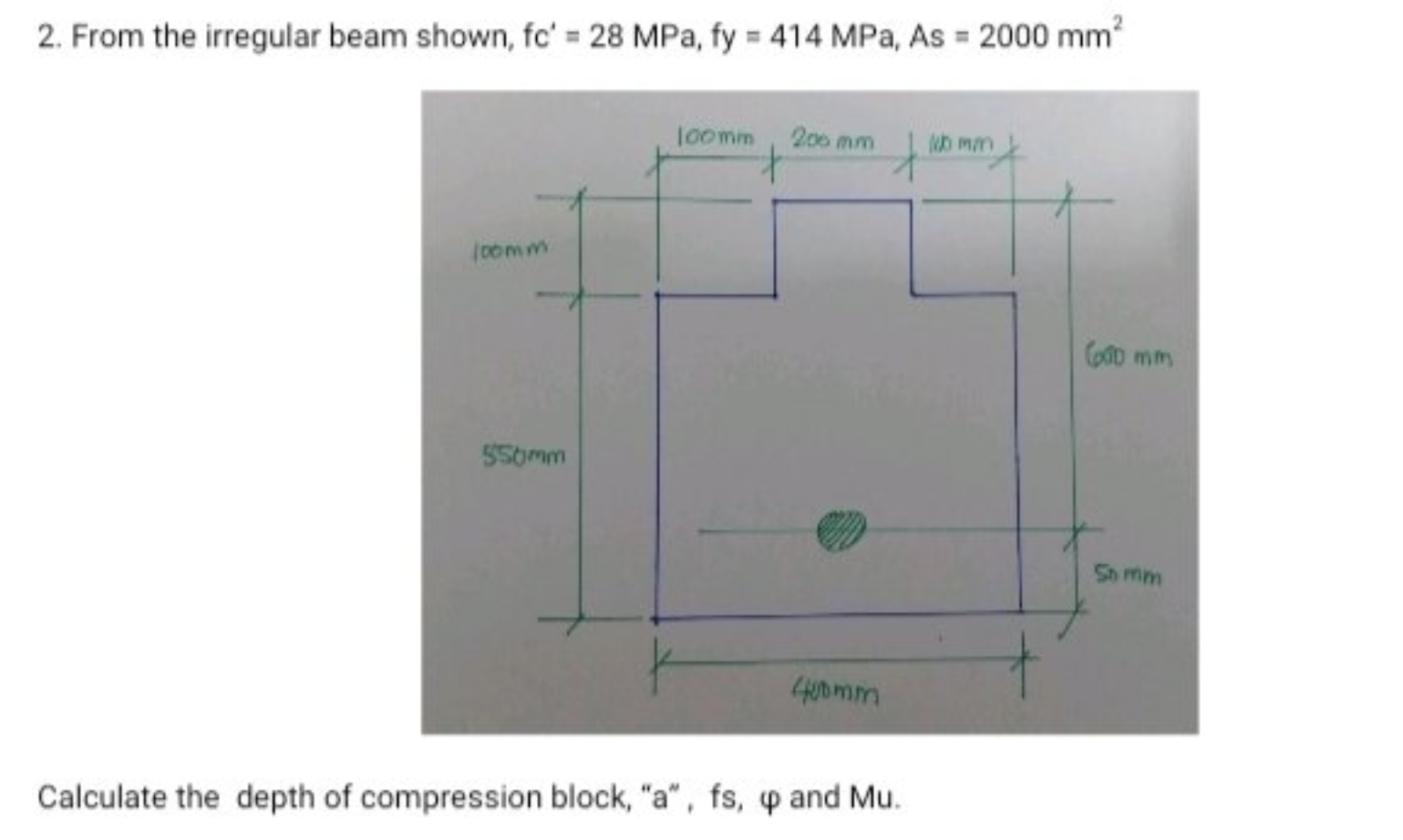 Solved 2. From the irregular beam shown, fc= 28 MPa, fy - | Chegg.com