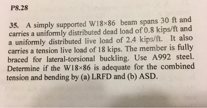 Solved P8.28 35. A simply supported W18x86 beam spans 30 ft | Chegg.com