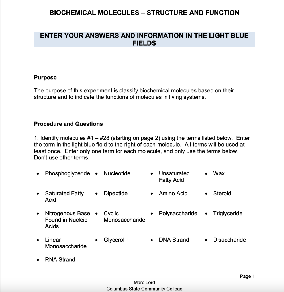 Solved BIOCHEMICAL MOLECULES - STRUCTURE AND FUNCTION ENTER | Chegg.com