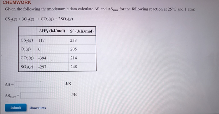 Solved Given the following thermodynamic data calculate | Chegg.com
