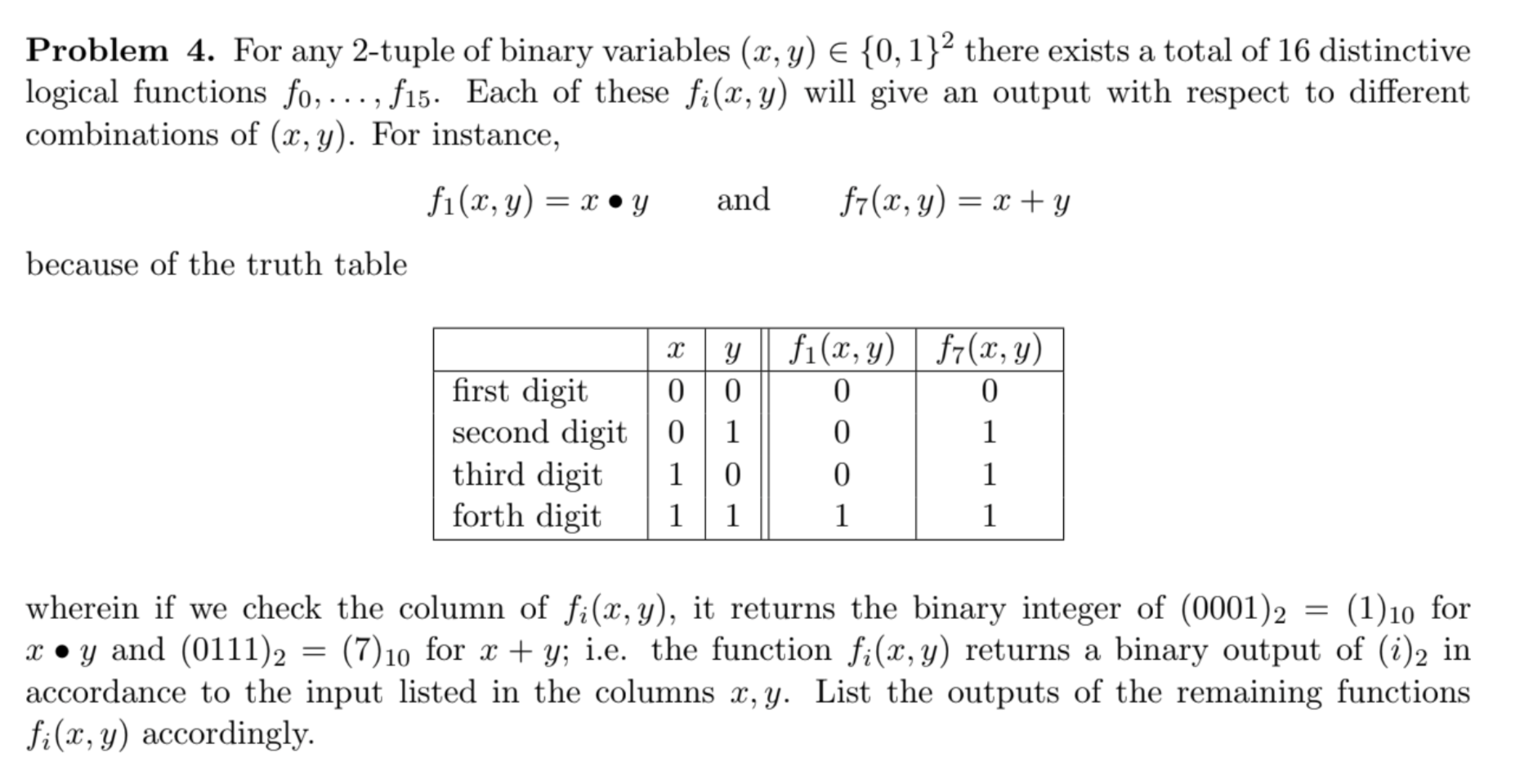 Solved Problem 4. For any 2-tuple of binary variables (x, y) | Chegg.com