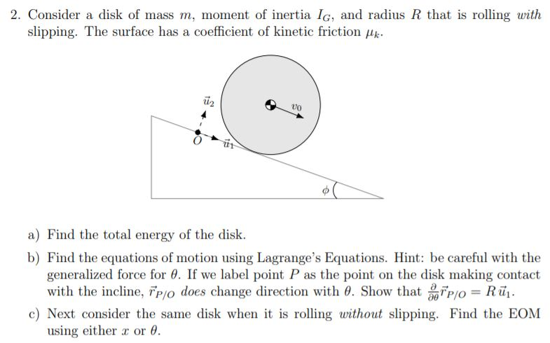 Solved 2. Consider a disk of mass m, moment of inertia Ig, | Chegg.com