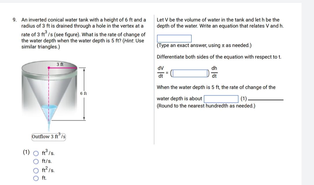 Solved 9. An inverted conical water tank with a height of | Chegg.com