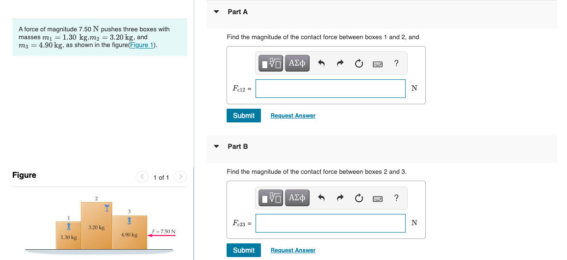 Solved A force of magnitude 7.50 N pushes three boxes with | Chegg.com