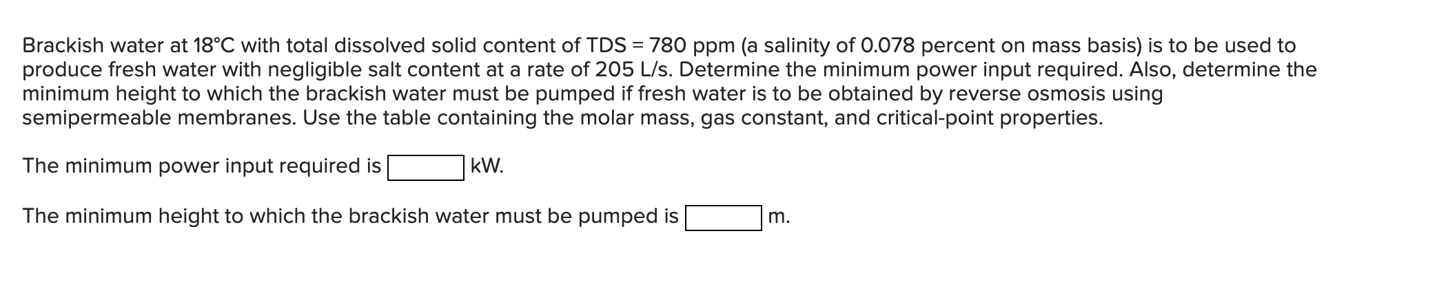 Solved Brackish water at 18∘C with total dissolved solid | Chegg.com