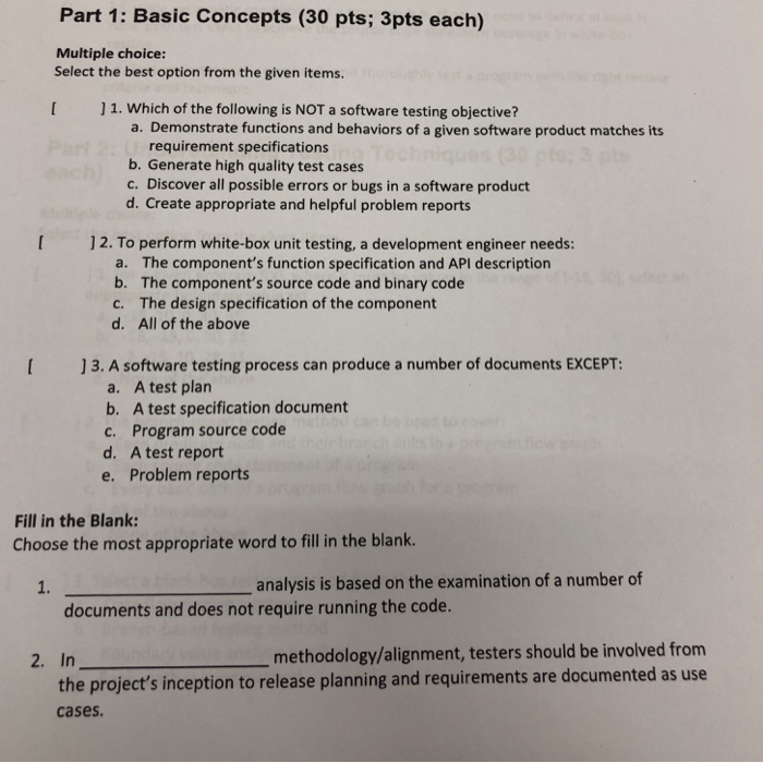 Solved Part 1: Basic Concepts (30 pts; 3pts each) Multiple | Chegg.com