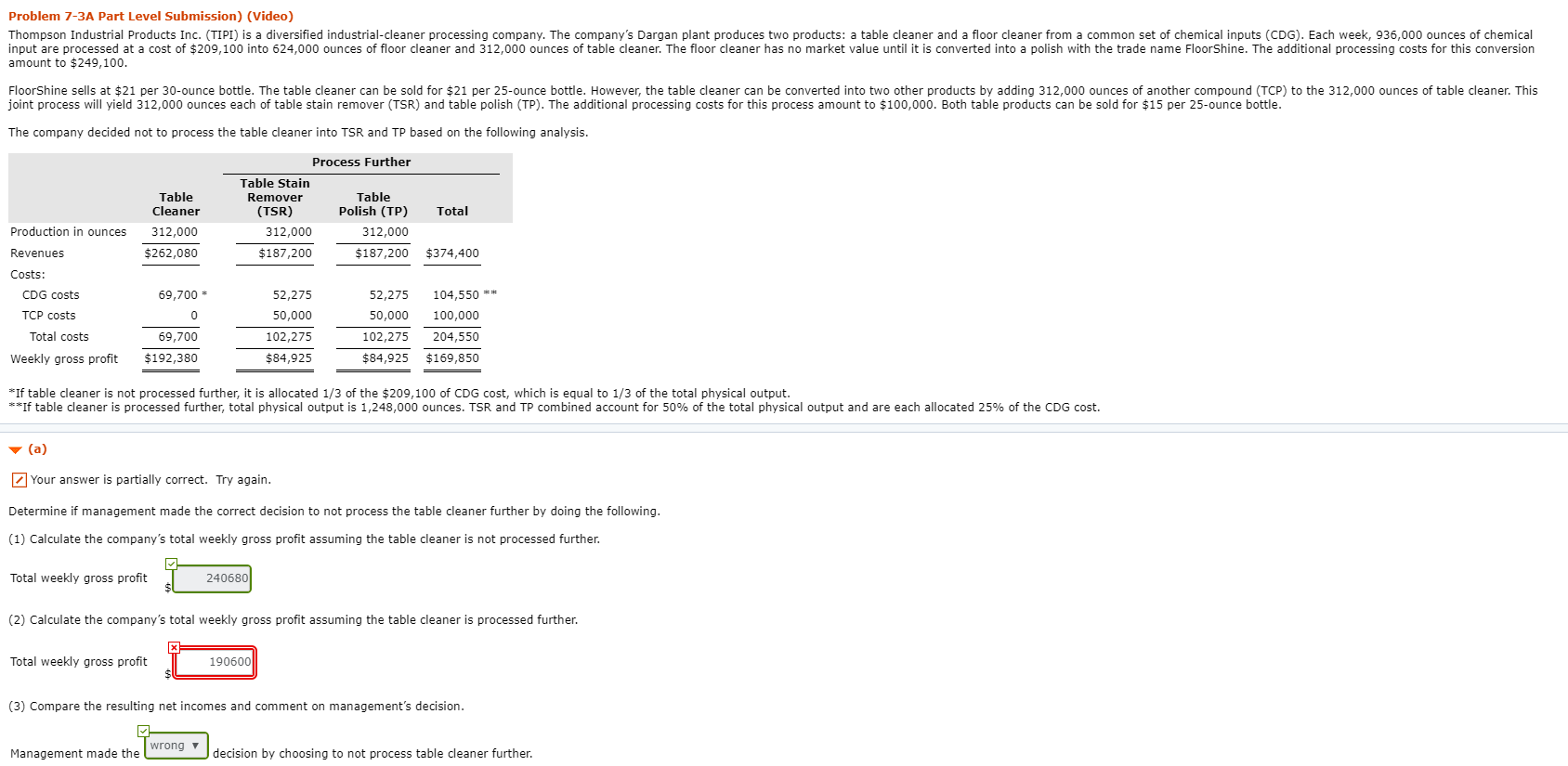 Solved Problem 7-3A Part Level Submission) (Video) Thompson | Chegg.com