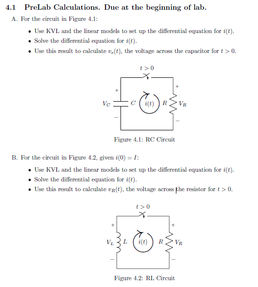 Solved 4.1 PreLab Calculations. Due at the beginning of lab. | Chegg.com