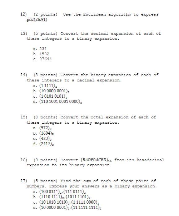 Solved Integer Representation, Prime, GCD, Division 1) (4 | Chegg.com