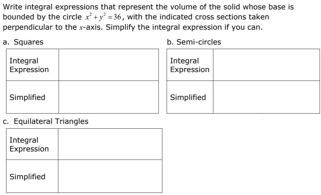 Solved Write integral expressions that represent the volume | Chegg.com