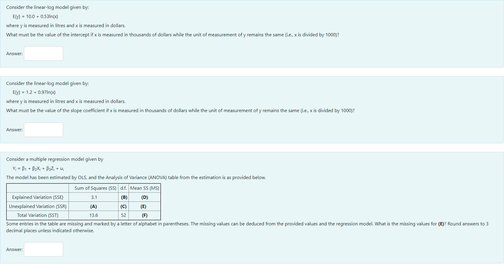 Solved Consider the linear-log model given by: Ely) = 10.0 + | Chegg.com