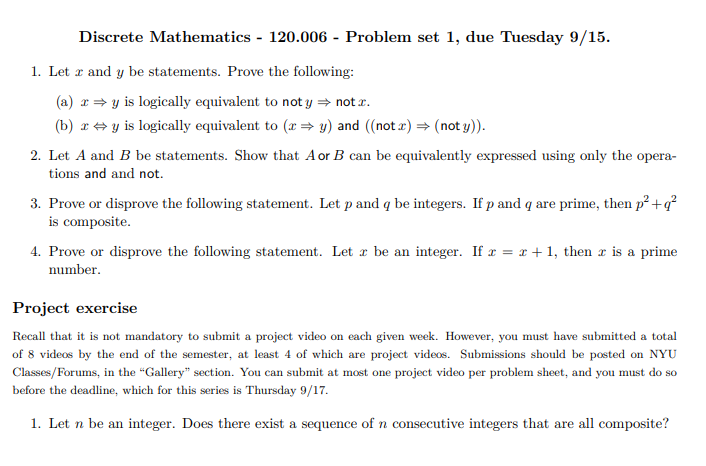 Solved Discrete Mathematics - 120.006 - Problem set 1, due | Chegg.com