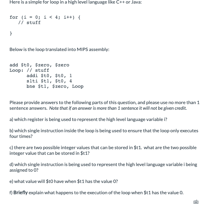Solved Here is a simple for loop in a high level language | Chegg.com