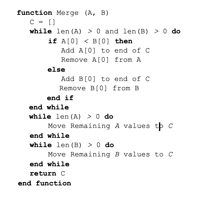 Solved function Merge (A, B) C = [] while len (A) >0 and len | Chegg.com