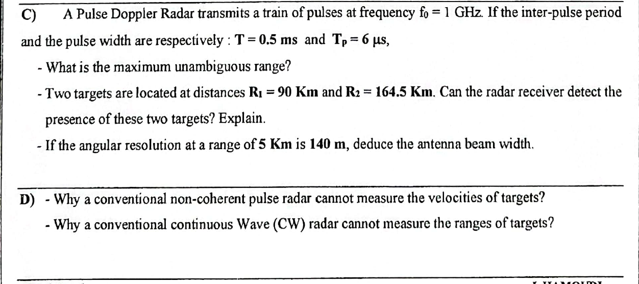 Solved C) ﻿A Pulse Doppler Radar transmits a train of pulses | Chegg.com