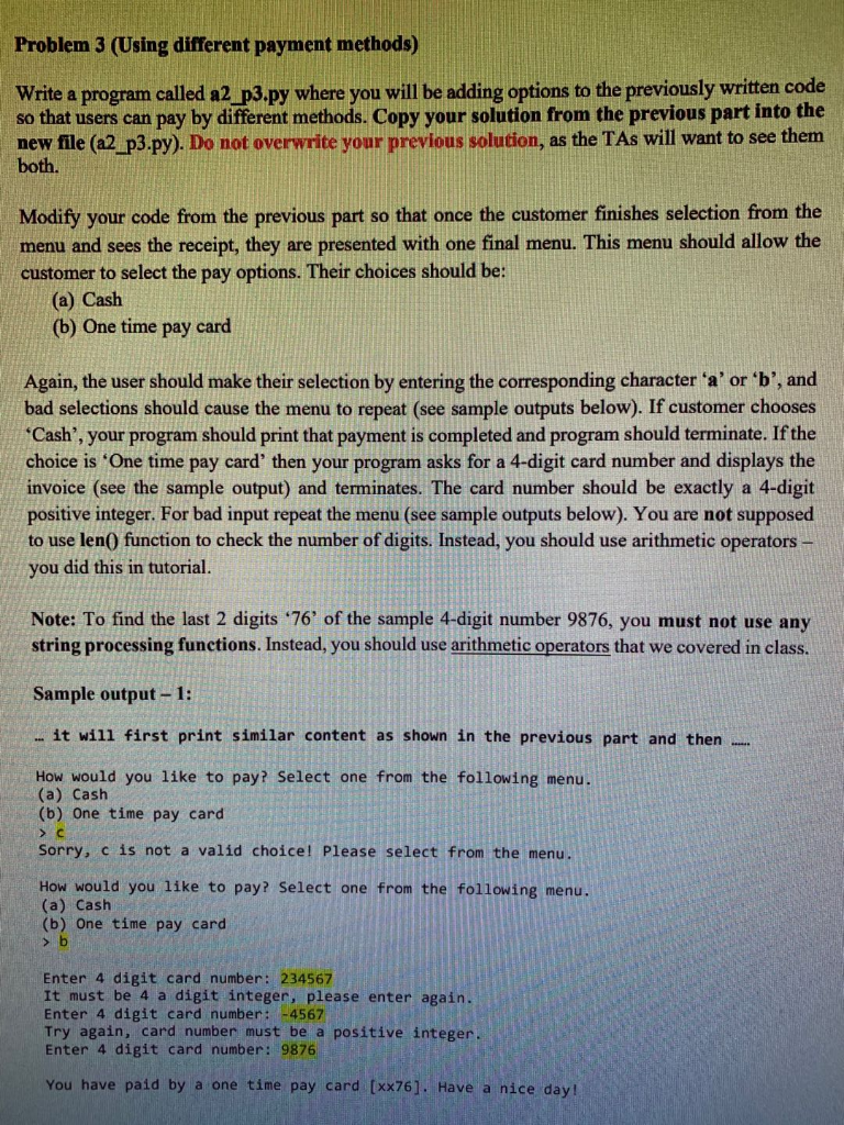 Solved Problem 3 (Using different payment methods) Write a | Chegg.com
