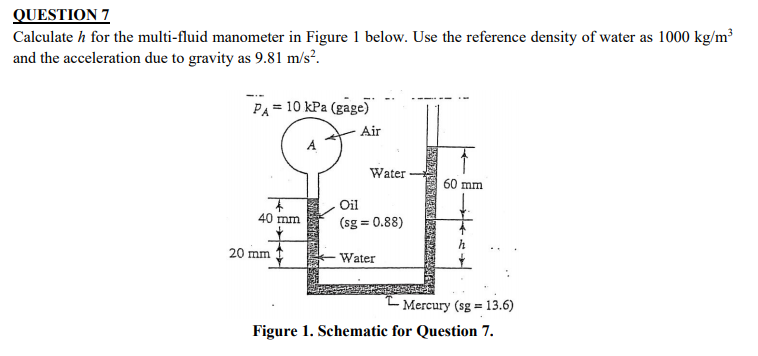 Solved QUESTION 7 Calculate h for the multi-fluid manometer | Chegg.com