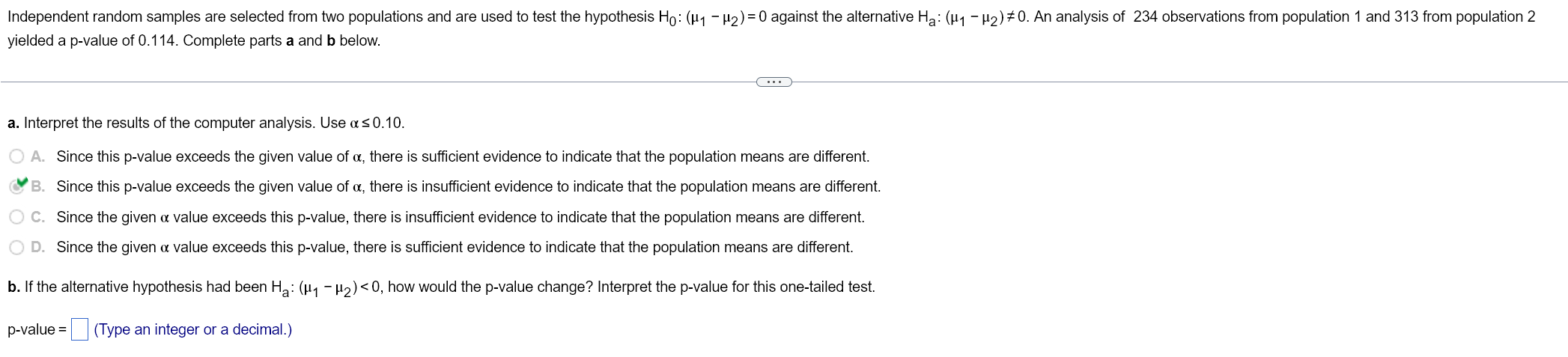 Solved yielded a p-value of 0.114 . Complete parts a and b | Chegg.com