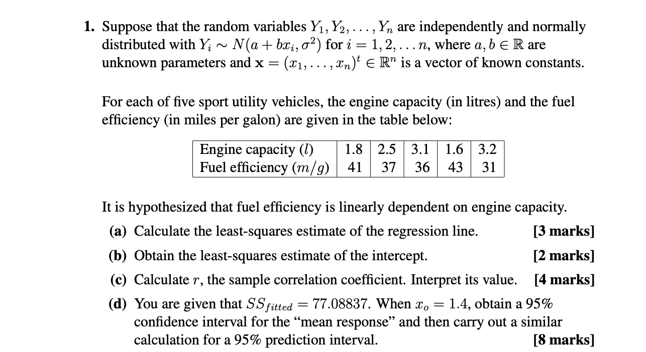 Solved 1. Suppose that the random variables Y1,Y2,…,Yn are | Chegg.com